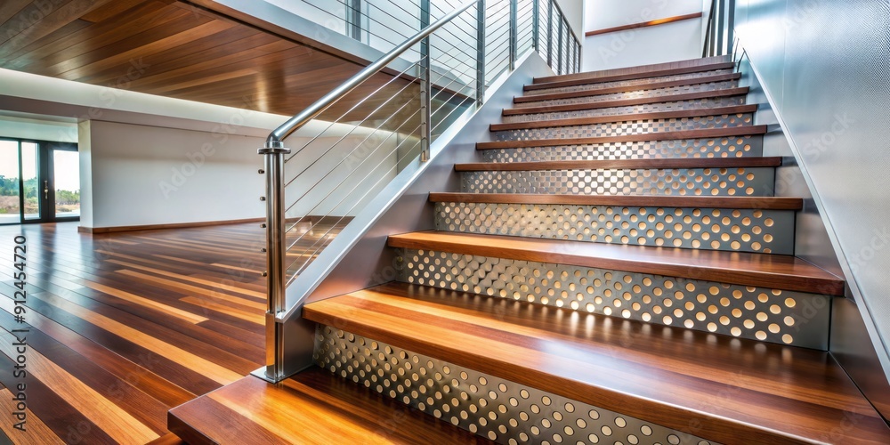Modern stainless steel dots adorn the landing at the bottom of sleek ...