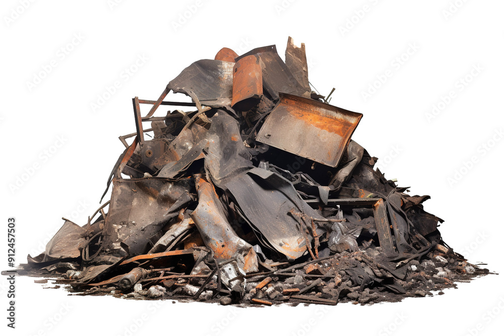 A Pile of Scorched Metal and Ash: Remnants of a Fire on a White or ...