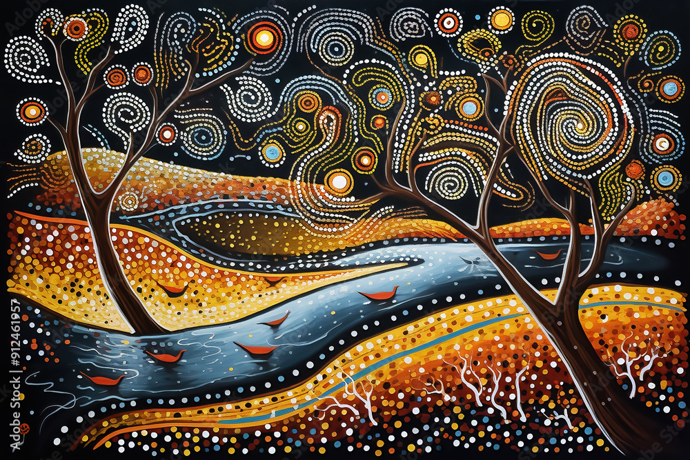 Australian Aboriginal traditional dot painting style art with a river ...