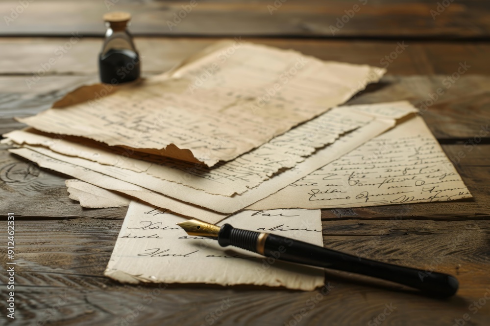 Old fashioned fountain pen and inkwell resting on weathered handwritten ...