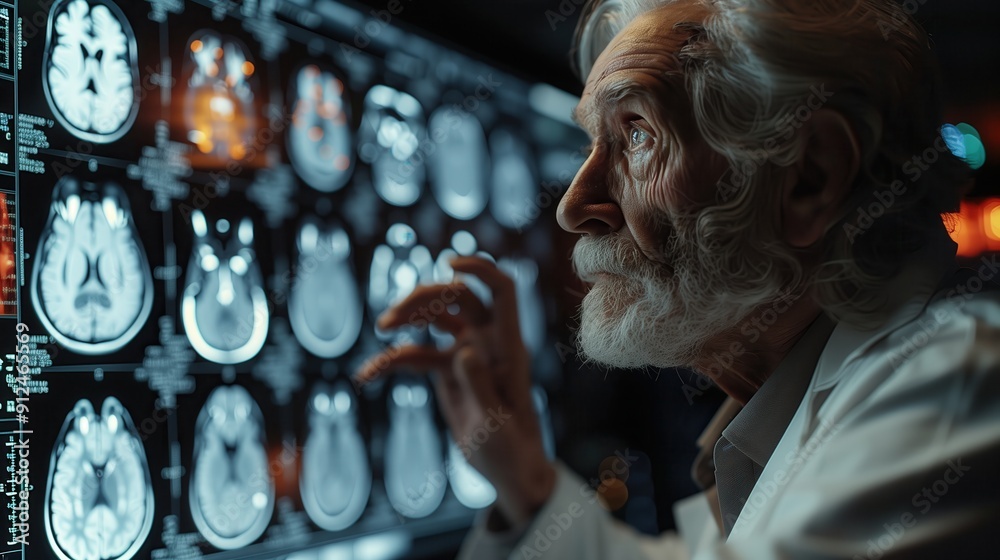 Doctor Reviewing Detailed MRI Scans. Doctor reviews detailed MRI scans ...