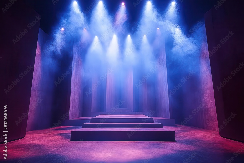 avantgarde theater stage bathed in ethereal blue and purple light ...