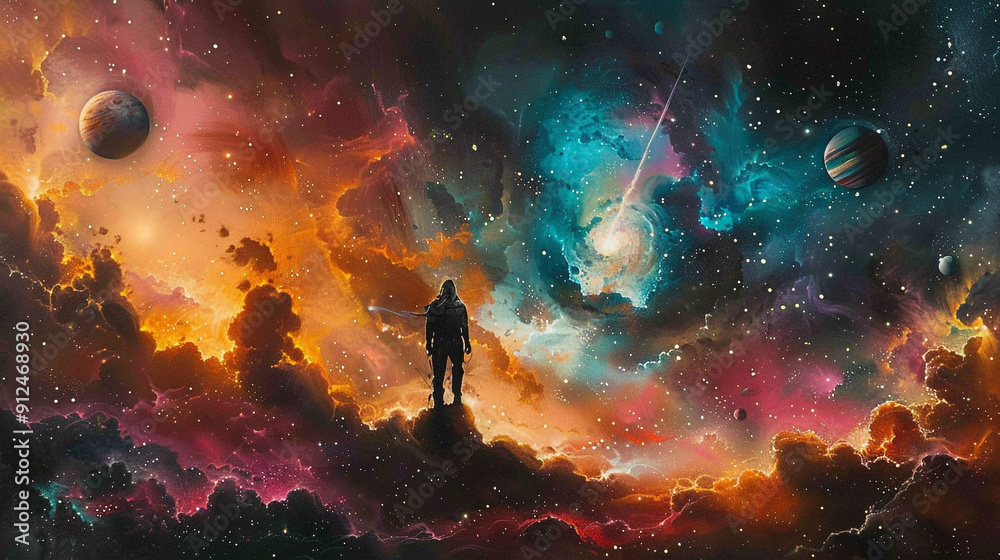 A surreal spray painting of an outer space scene, with planets, stars ...