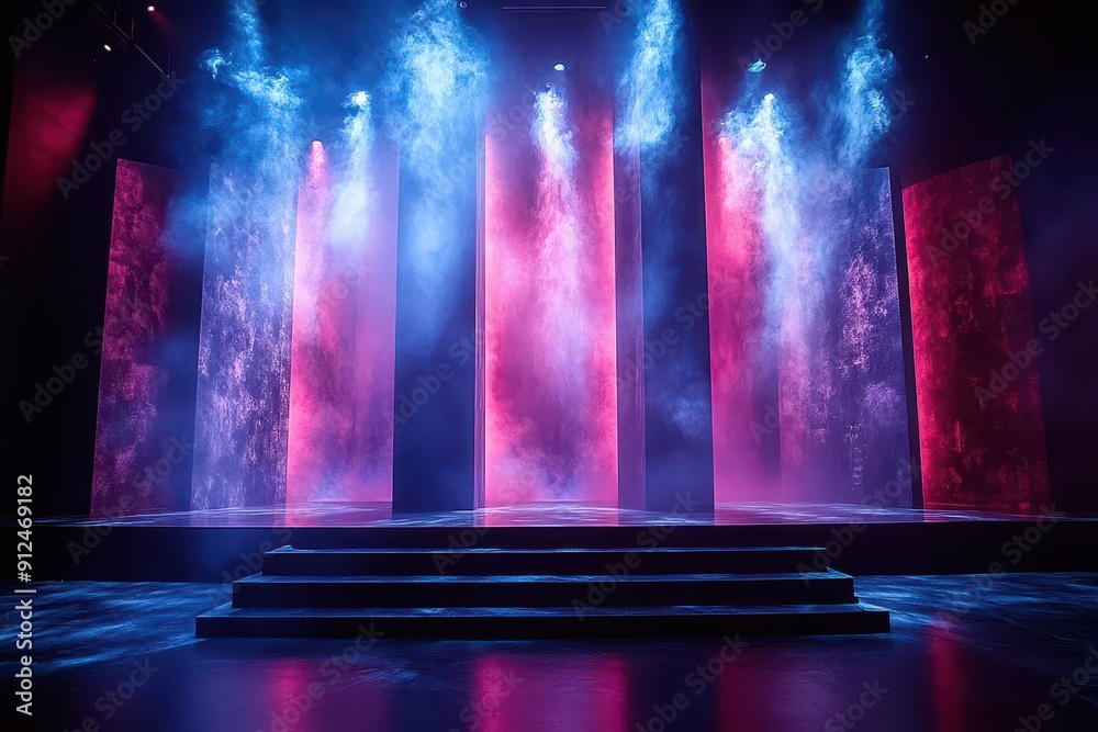 avantgarde theater stage bathed in ethereal blue and purple light ...