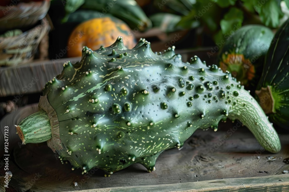 Green warty goblin squash with lumps and bumps sits on a wooden crate ...