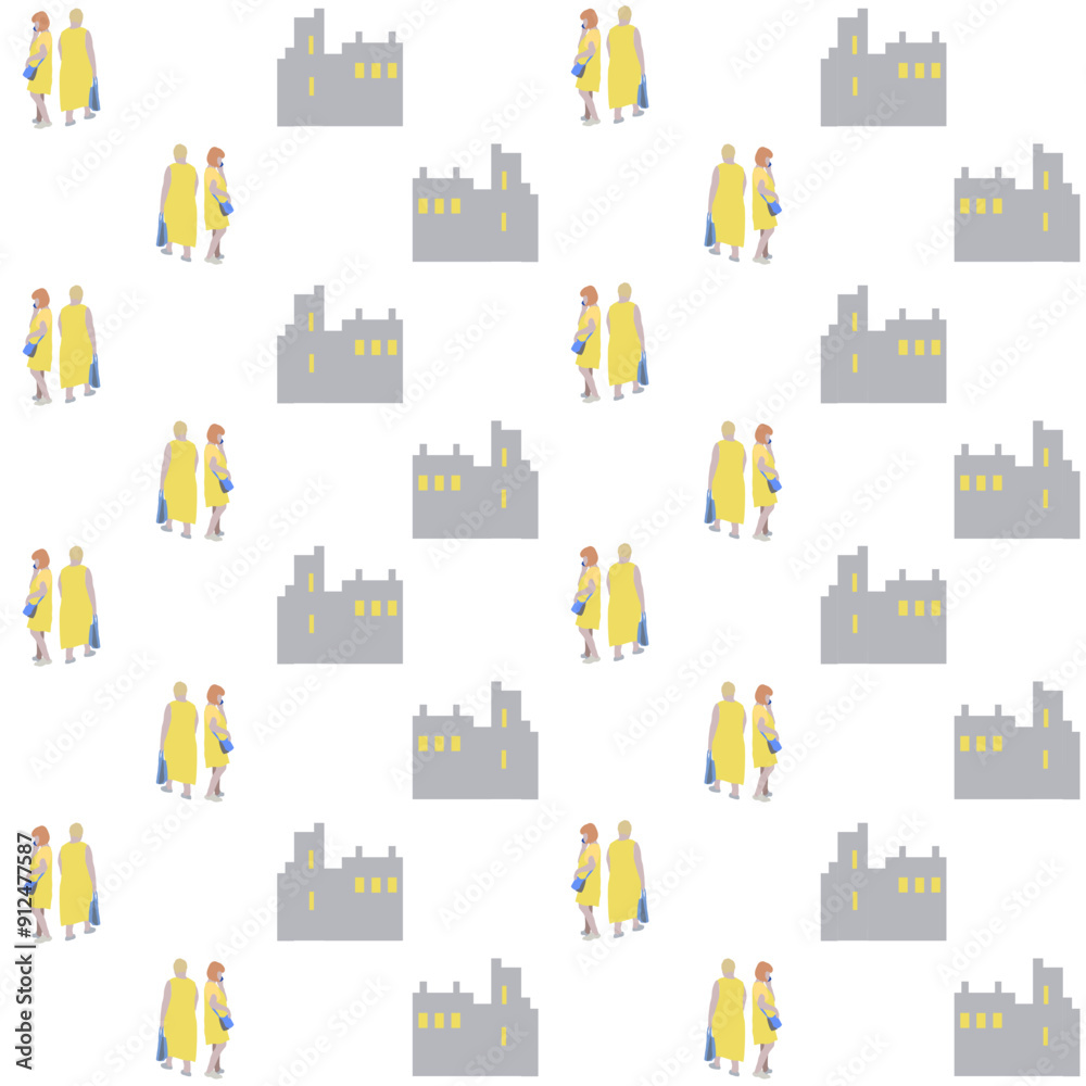 Pattern with people. A girl is walking down the street. Vector flat ...