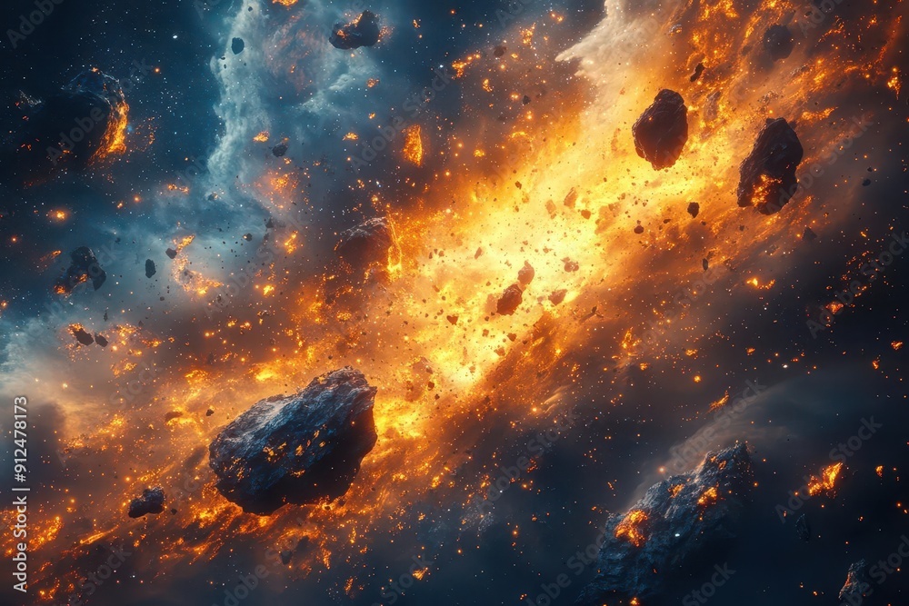 cosmic asteroid field glowing mineralrich rocks swirling space dust ...