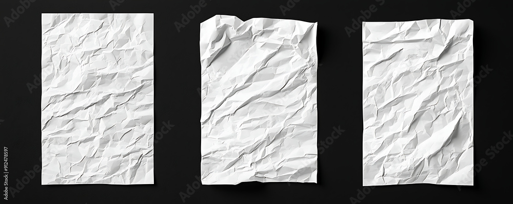 Three white crumpled and creased paper posters arranged side by side on ...