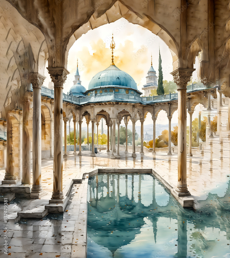 Beautiful Watercolour Scenery: Structure Adjacent to Outdoor Swimming ...