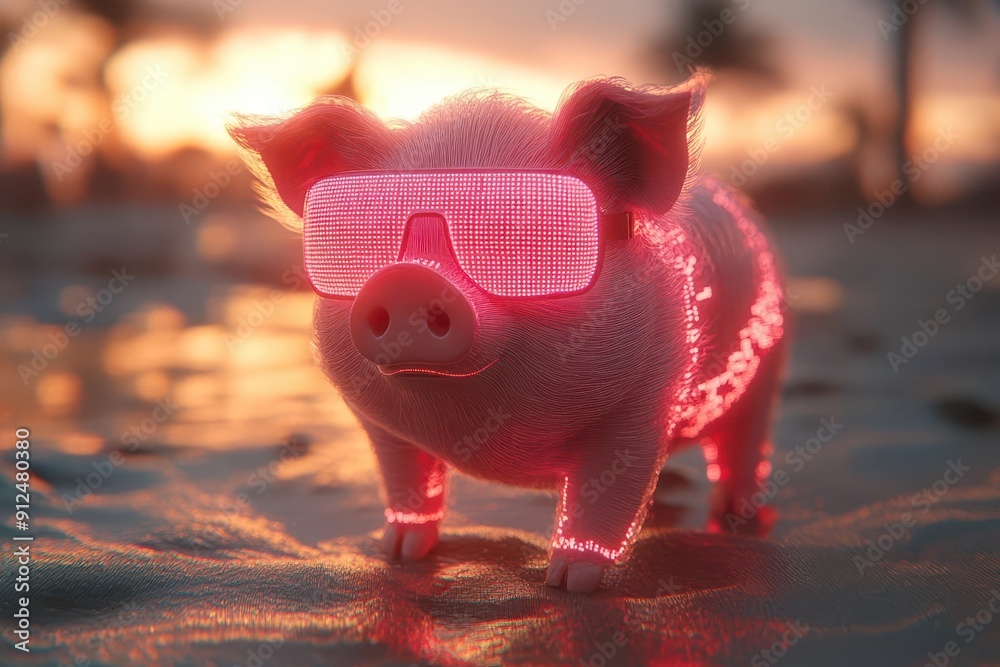 cyber beach piggy bank robotic pig with holographic sunglasses on a ...