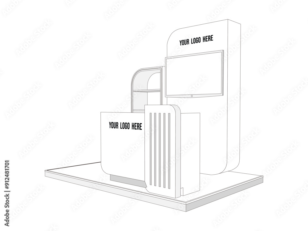 3d illustration stand booth 3x2m with table receptionist rack display ...