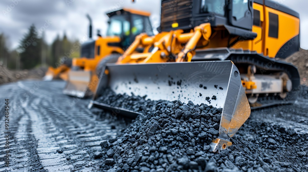 Bulldozer pushing gravel for a new road, infrastructure project Strong ...