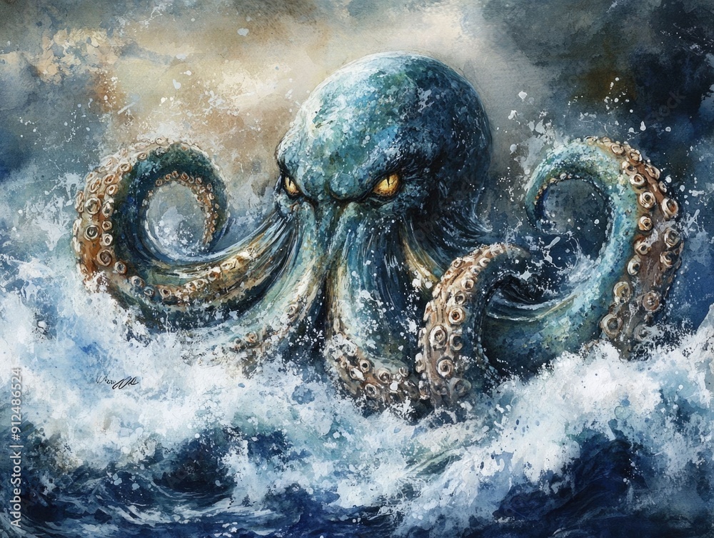 Dramatic watercolor painting depicting a mythical kraken creature emerging from the churning ...