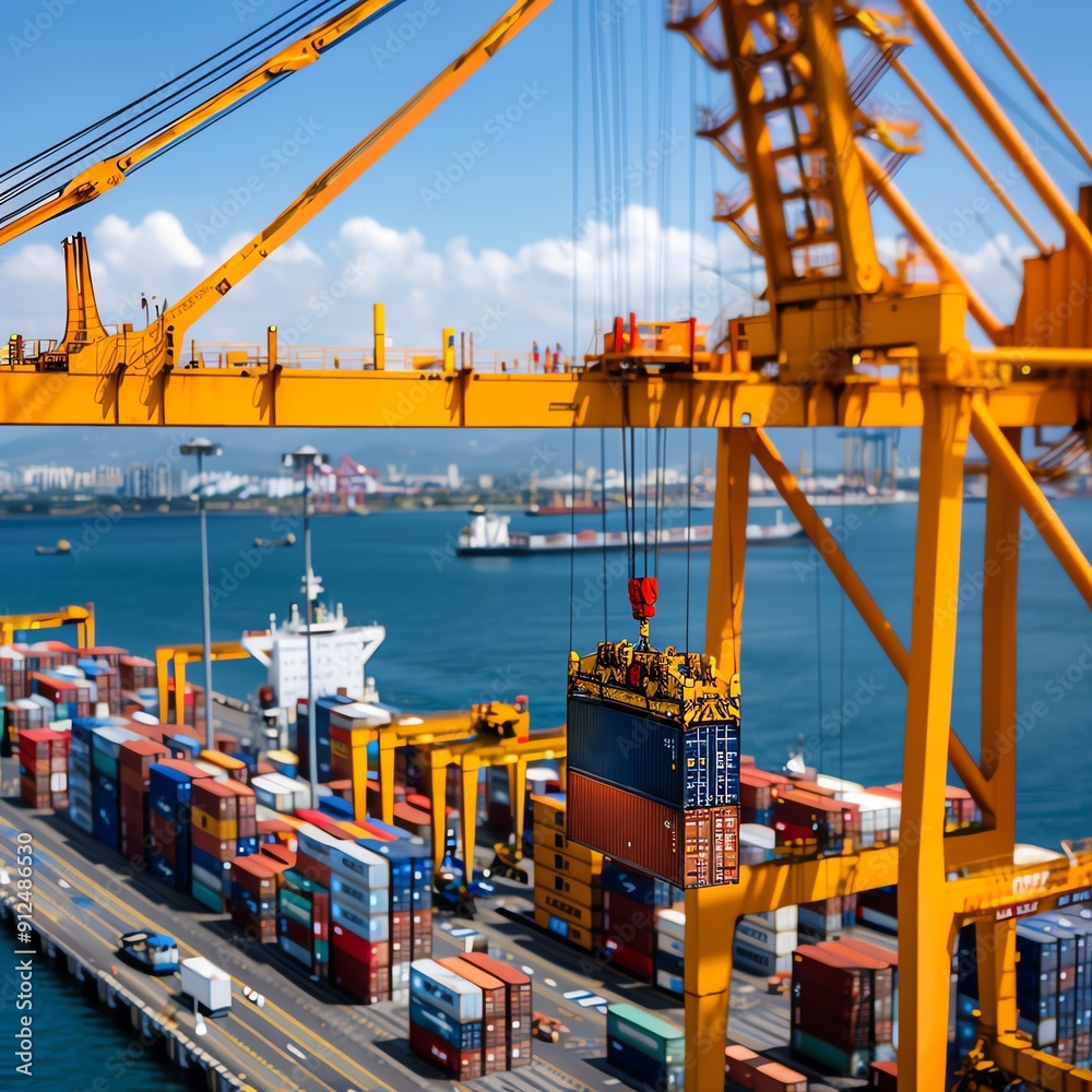 Tower crane lifting a shipping container at a port, waterfront ...