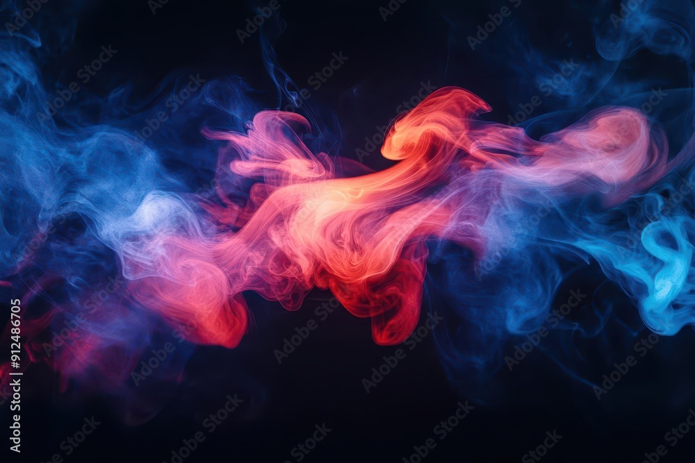 dramatic clash of blue and red smoke tendrils against black background ...