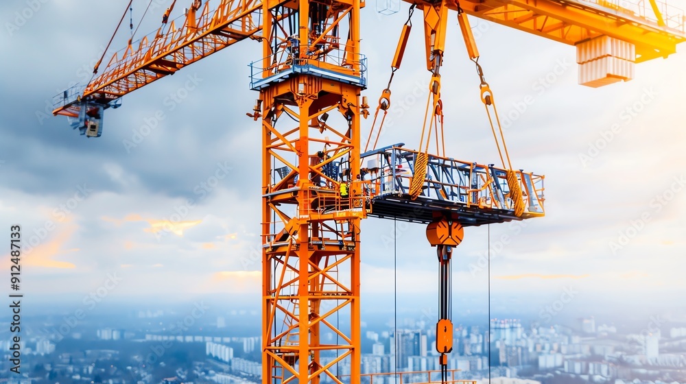 Tower crane lifting large signage for a commercial building, urban ...