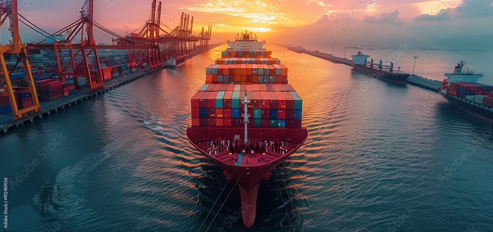 Container Ship Entering Harbor at Sunrise. Container ship loaded with ...