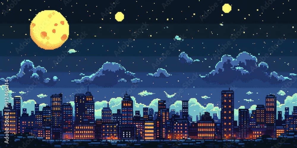 Pixel Art City at Night with Glowing Windows and Full Moon. Retro 8-bit ...