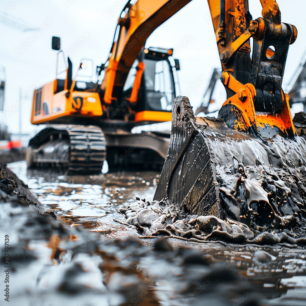 Excavator with a dredging bucket deepening a canal, water management ...