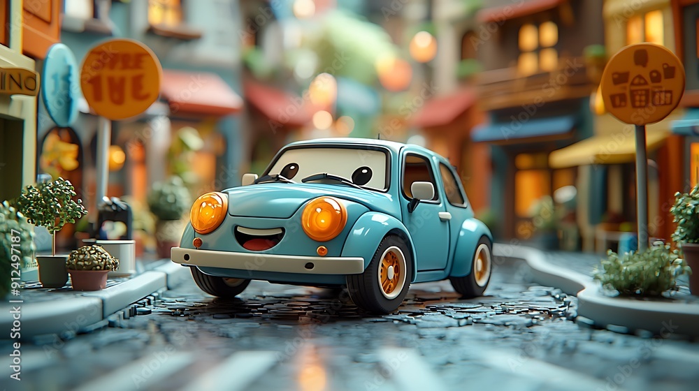 Joyful side view of a tiny cartoon car with a joyful grin, driving ...