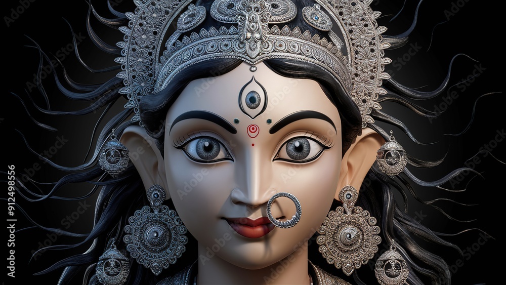 Picture of goddess durga wearing crown in open hair with their ...