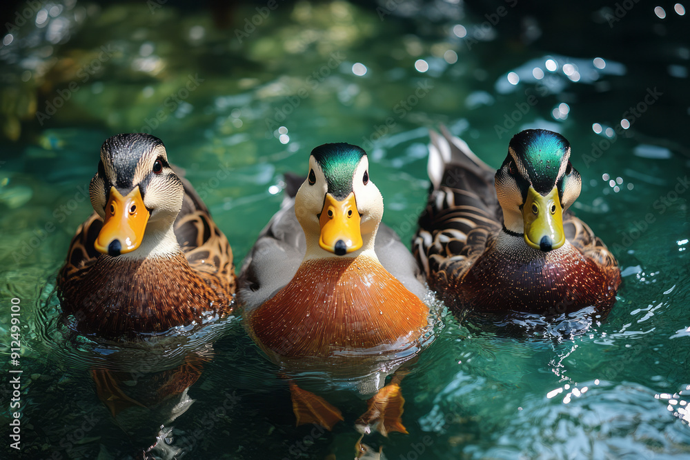 Four ducks--Mallard, Pekin, Muscovy, and Indian Runner--swimming ...