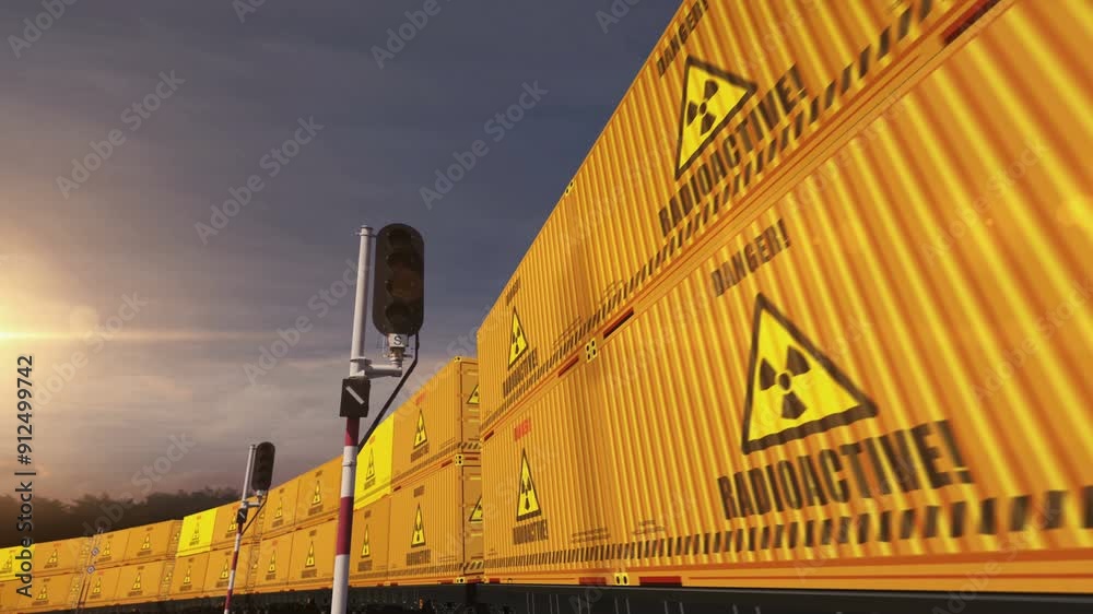 Radioactive waste and nuclear containers on a railway freight wagons ...
