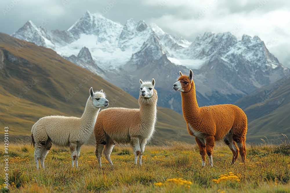 Four alpacas--Huacaya, Suri, Vicuna, and Guanaco--grazing together in a ...