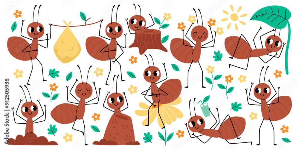 Cute ants cartoon insect characters in different poses engaged in ...