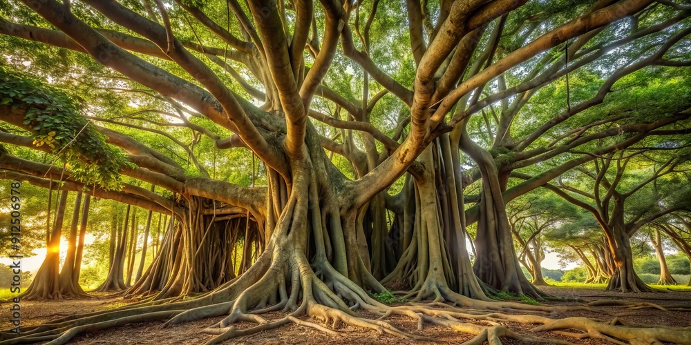 Entwined aerial roots of several smaller banyan trees merge to form a ...