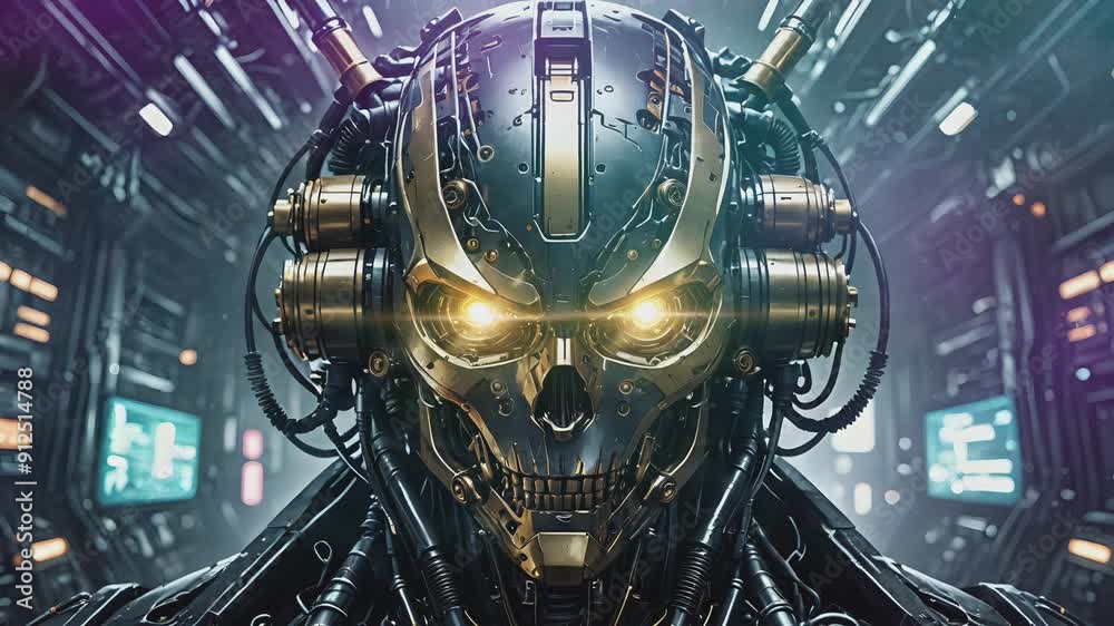 Advanced robotic skull with intricate details and glowing golden eyes ...