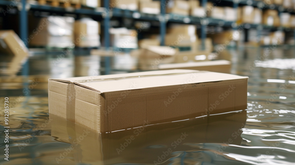 disaster insurance concept with Delivery box floating in flood water in ...