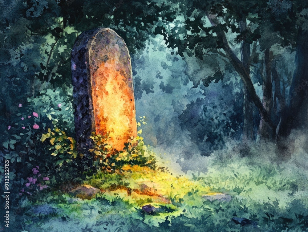 Glowing ancient runestone carved with mystical symbols and inscriptions ...