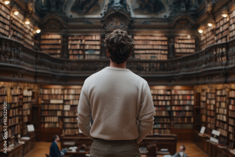 Standing in a historically rich library with exquisite wooden details ...