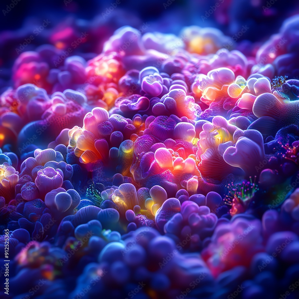 Intricate underwater scene featuring glowing marine life intertwined ...