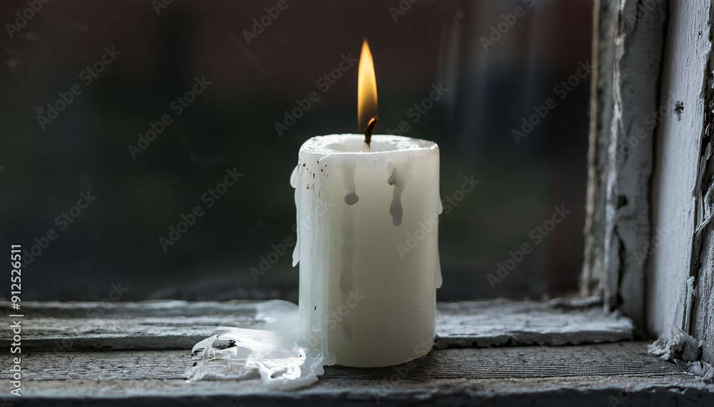Burning white candle with melted wax on weathered windowsill, dark and ...