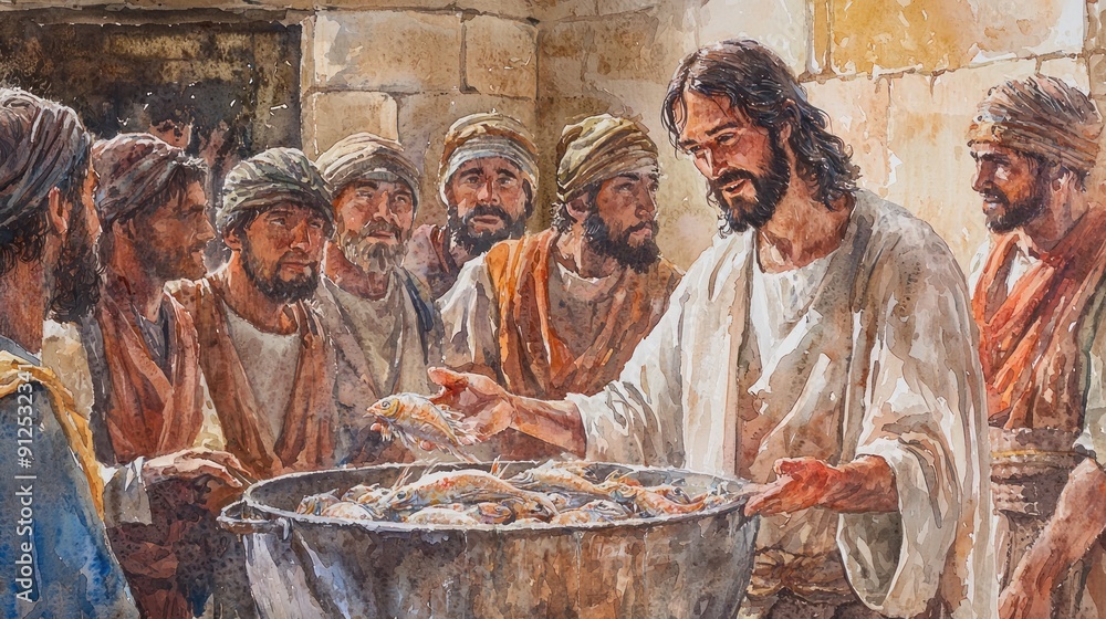 Jesus performing miracle of loaves and fishes Generative AI Stock Photo ...