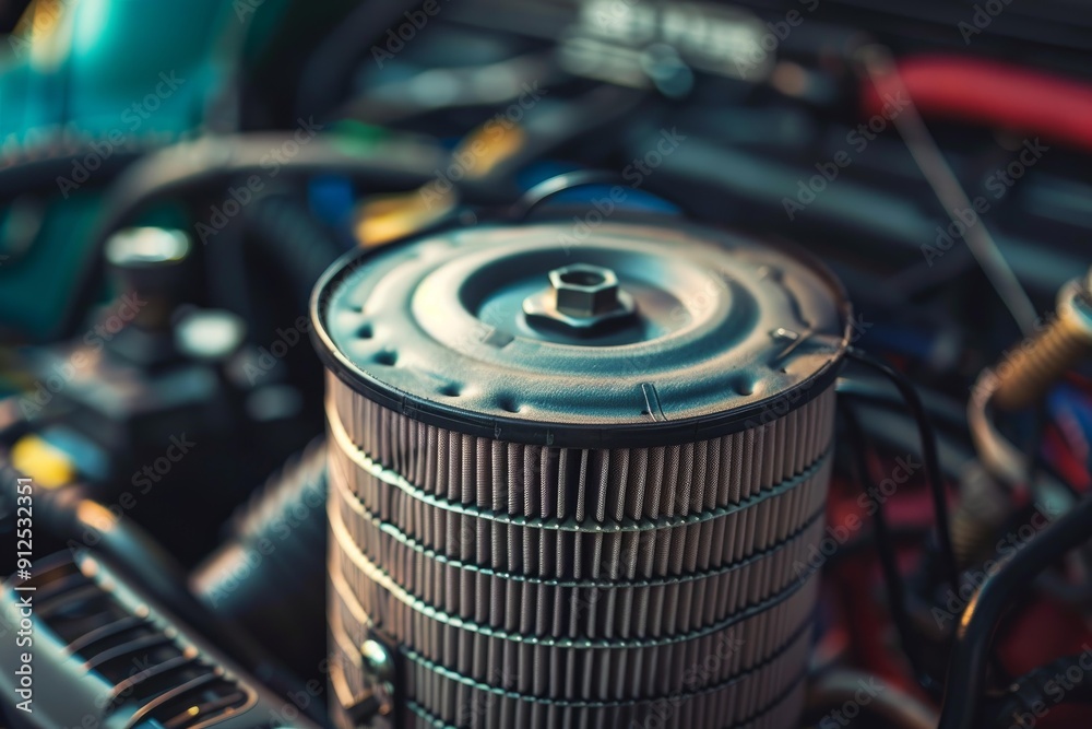 Round air filter being inserted in modern car engine compartment during ...