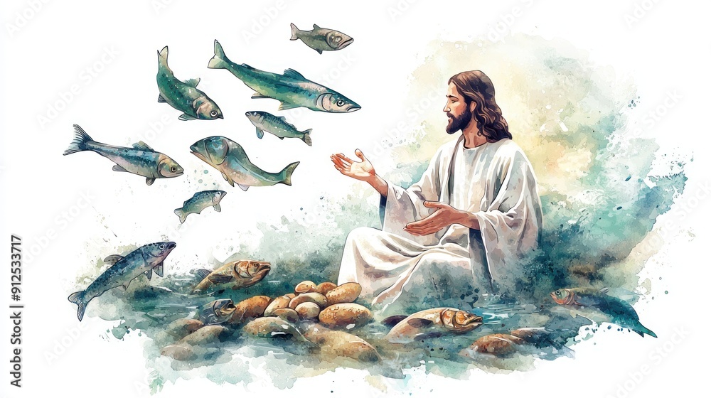 Jesus and disciples gathered sharing a fish in a biblical scene ...