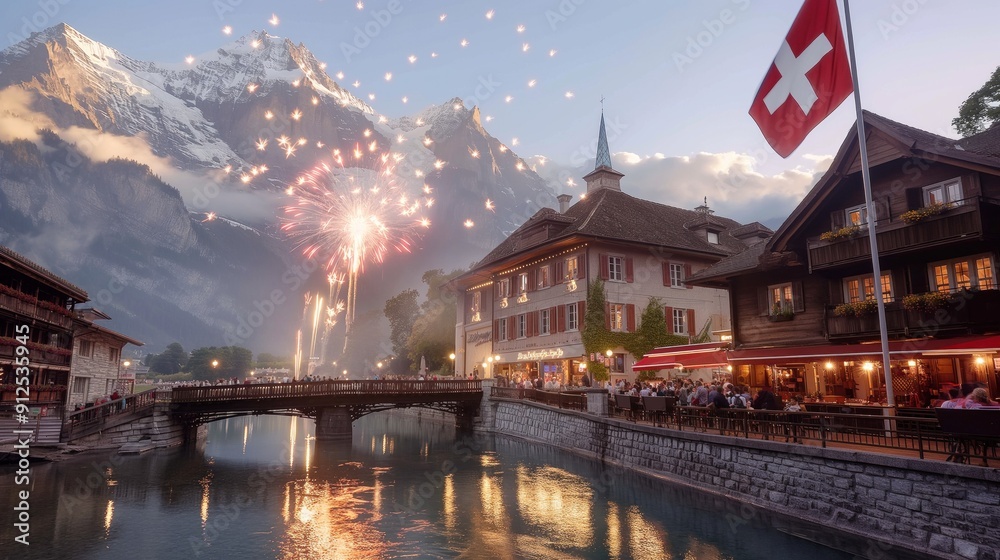 People celebrating Swiss National Day with fireworks and festivities on ...