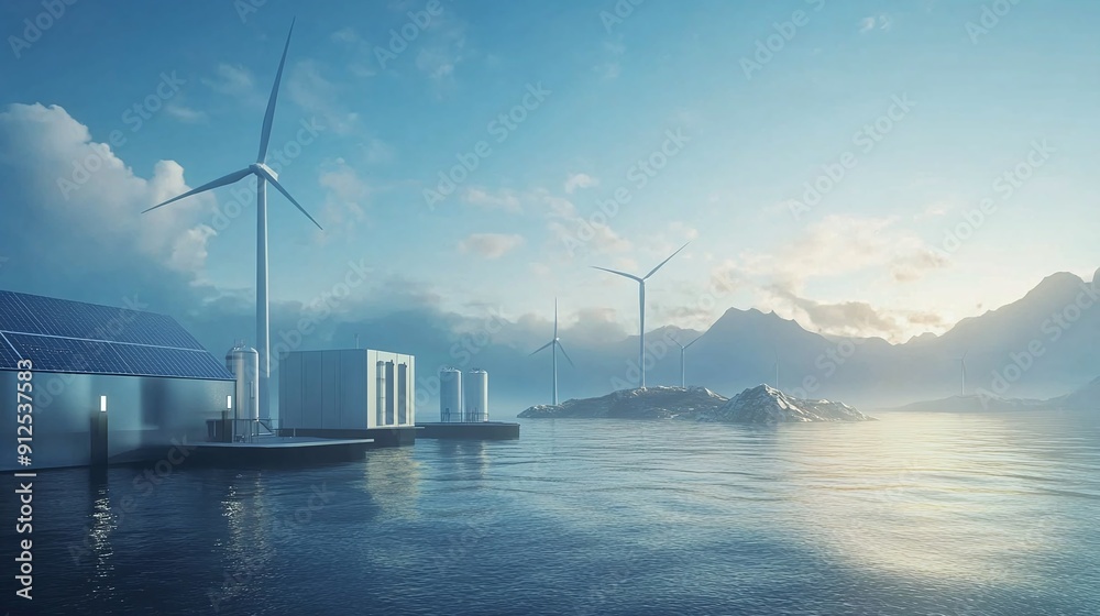 Offshore electricity substation, solar and wind turbine facility, ocean ...