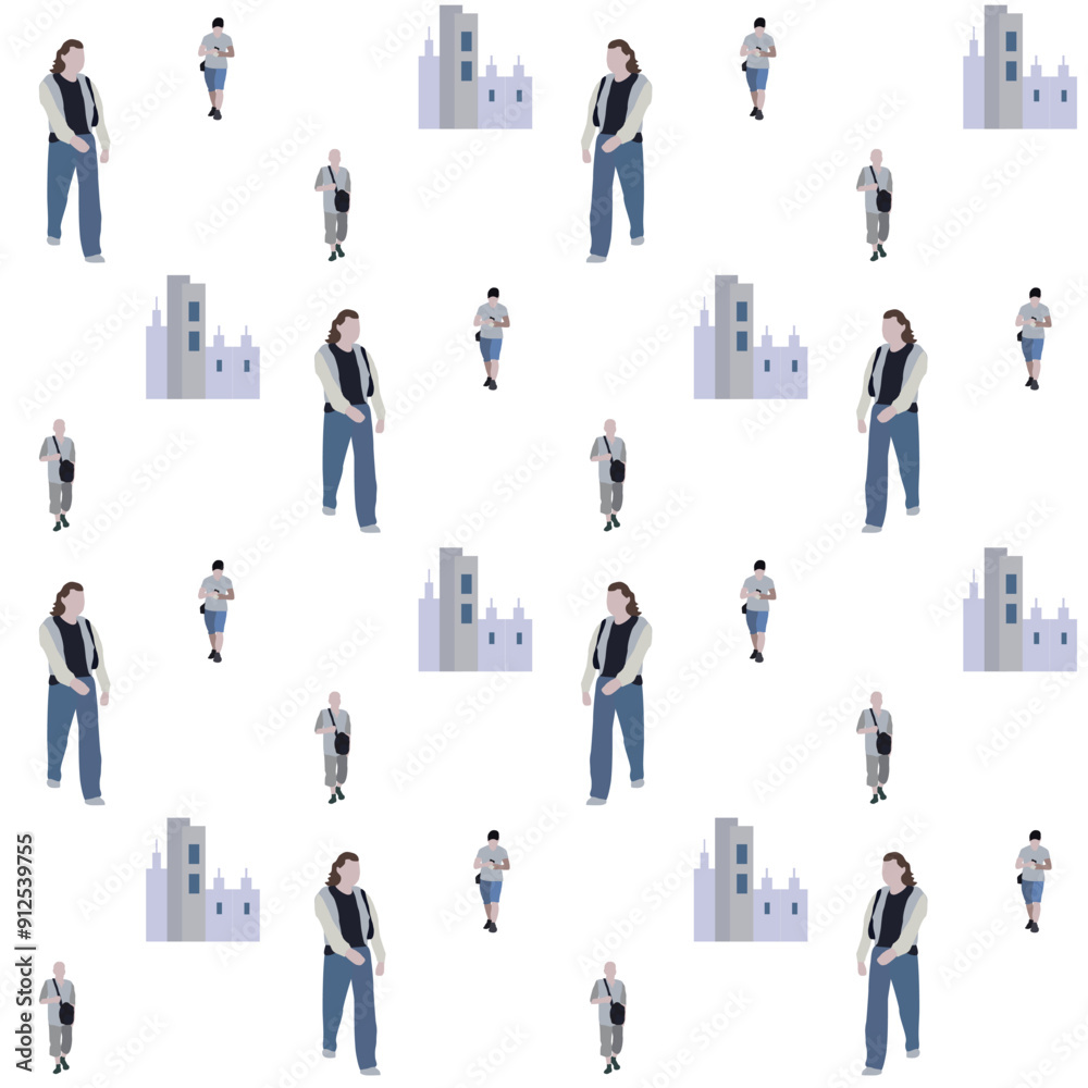 Pattern with people. A girl is walking down the street. Vector flat ...