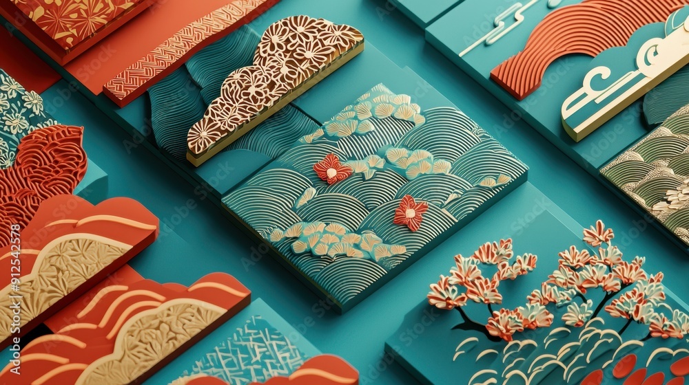 Captivating Japanese Woodblock Prints on Turquoise Background - 3D ...