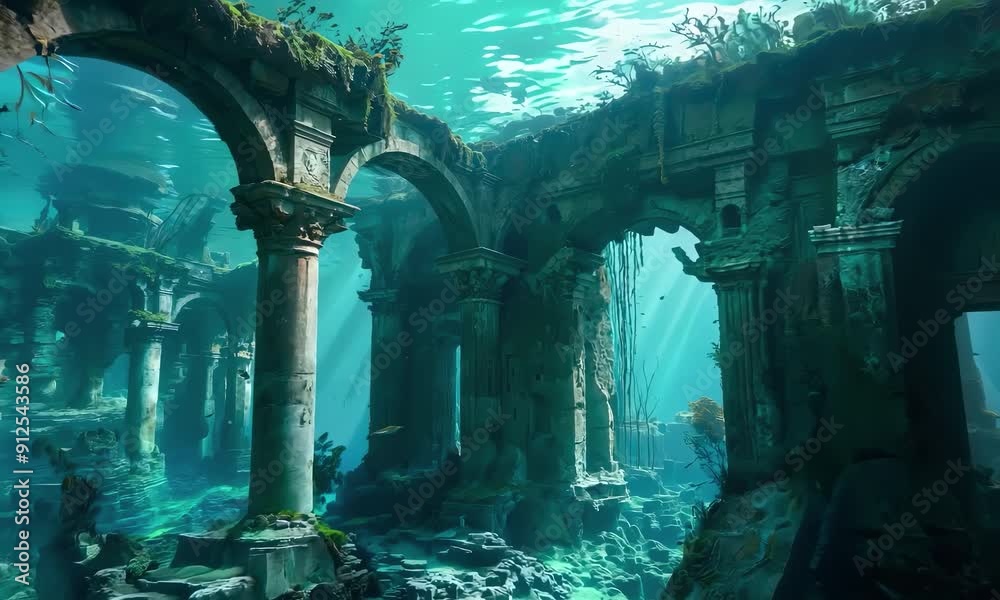 Ruins of ancient city sunk at bottom of sea. Atlantis like sunken city ...