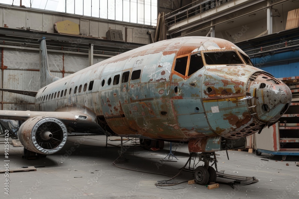 Old, rusty airplane fuselage sits inside an aircraft hangar, waiting to ...