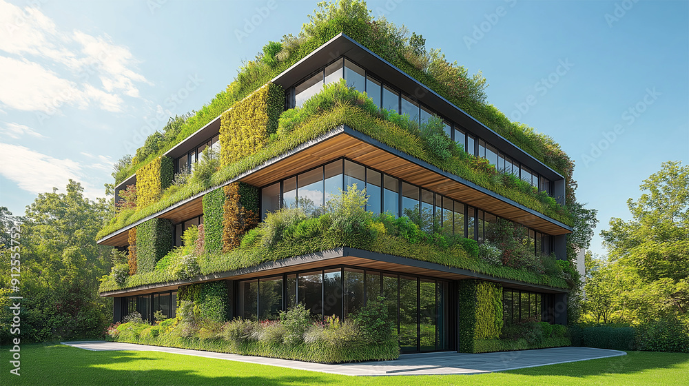 Contemporary eco-friendly building with lush green walls and rooftop ...