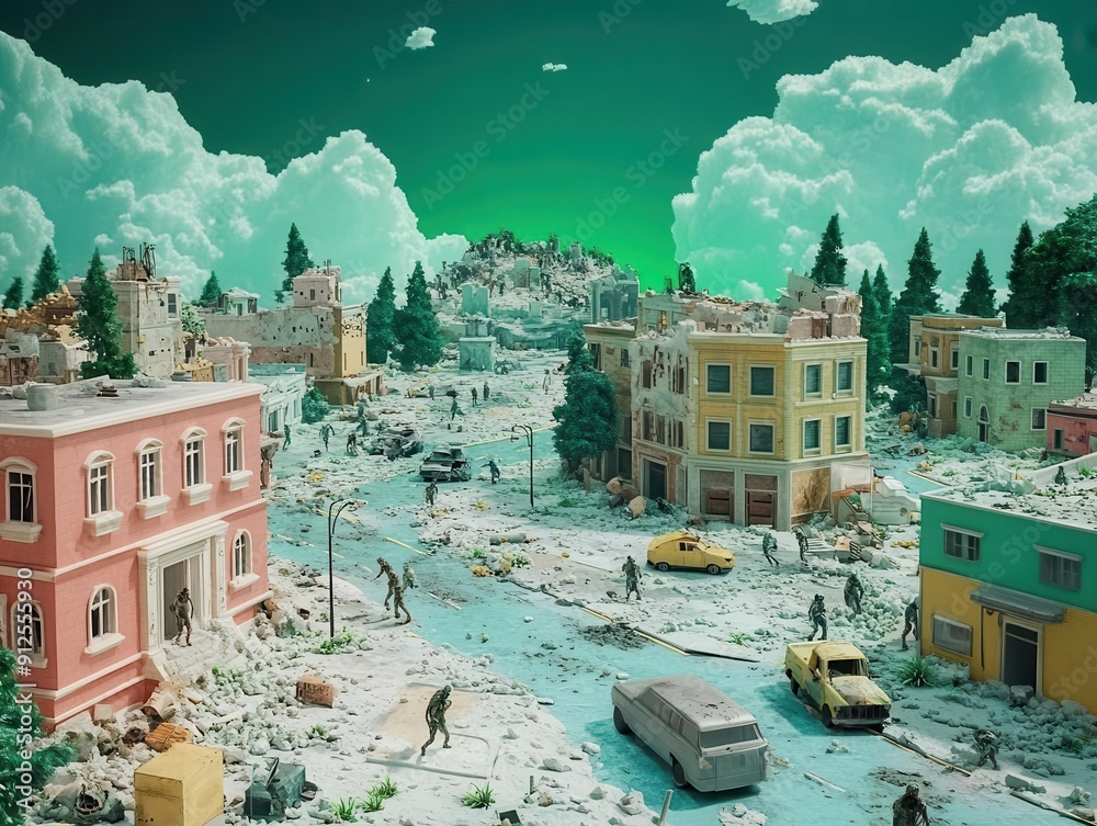 Zombie Apocalypse A dramatic 3D scene of a city overrun by zombies ...