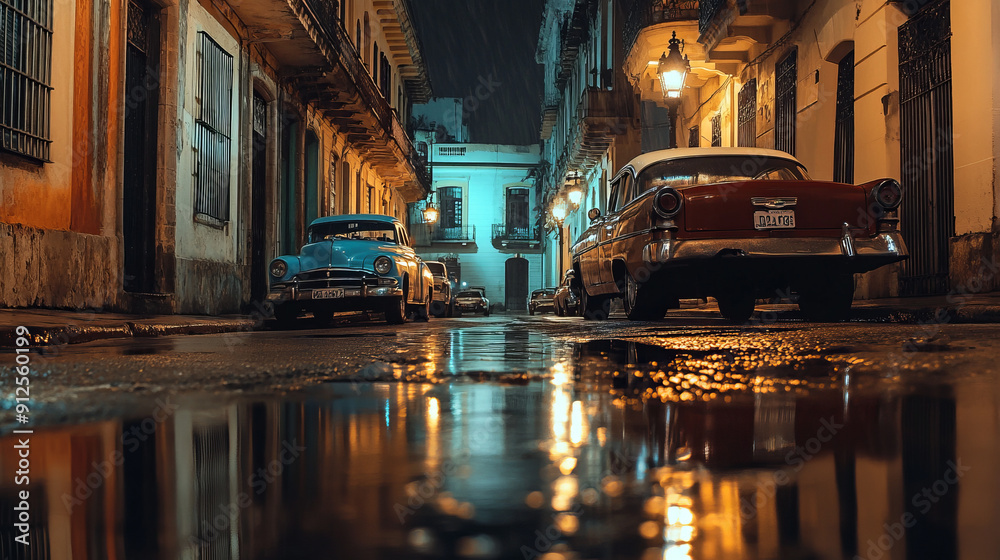 Night street in Havana, Cuba. A deserted alley with colonial buildings ...