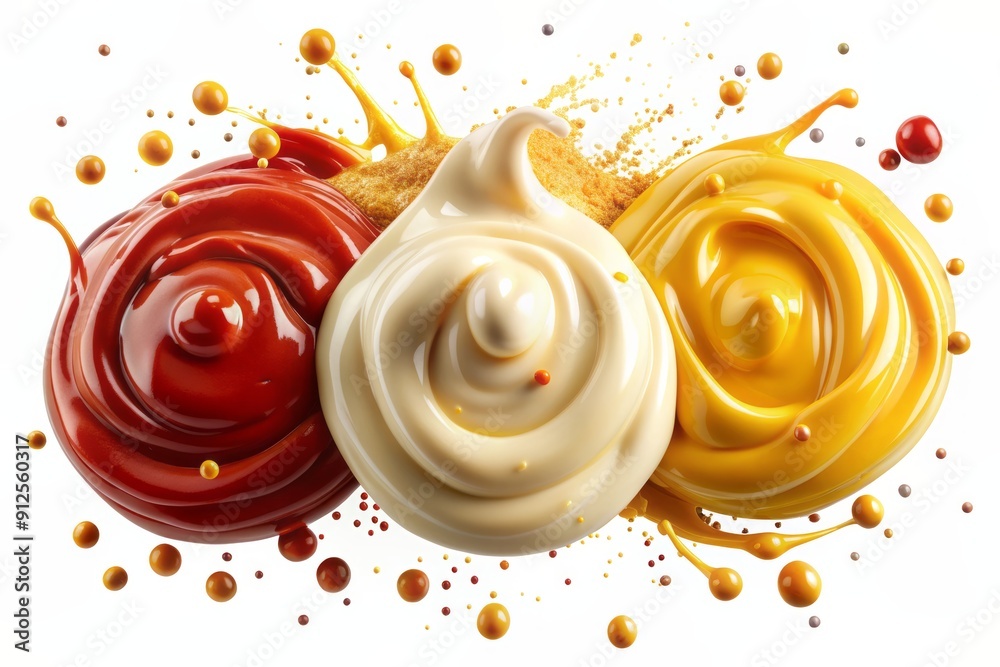 Vibrant condiment splatters of creamy white mayonnaise, tangy yellow ...