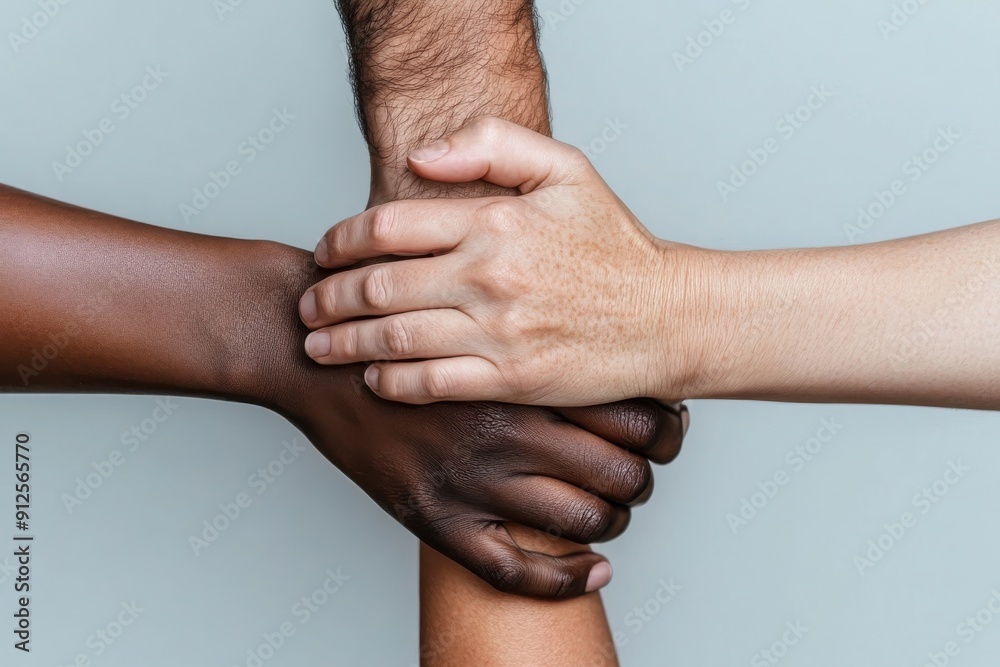 Three hands of diverse skin colors joining in unity, symbolizing ...